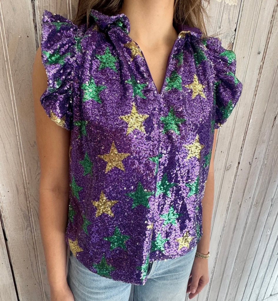 [PREORDER] Mardi Gras Star Sequin Top – Tin Roof Boutique